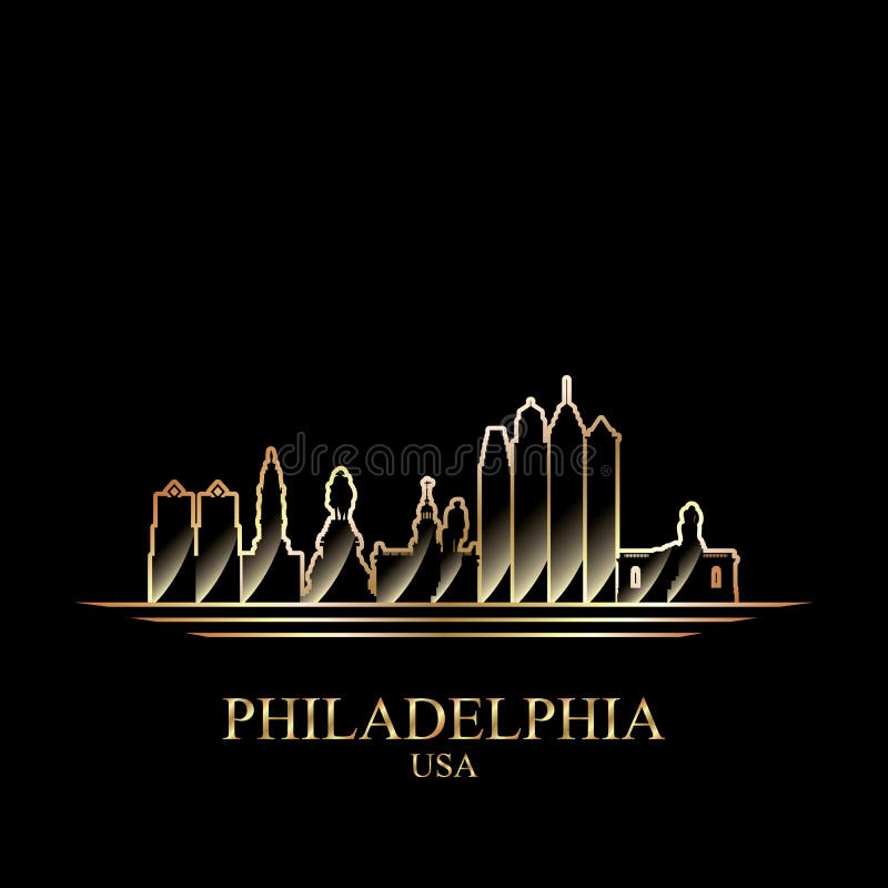 Gold Silhouette of Philadelphia on Black Background Stock Vector ...