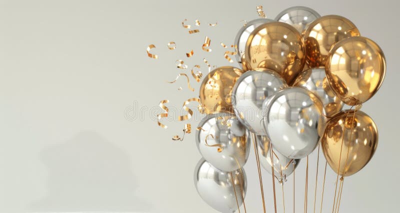 Gold and Silver Balloons Against a White Wall Stock Photo - Image of ...