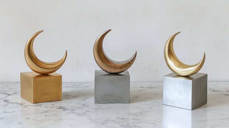 Gold, Silver, Bronze Crescent Moon Sculptures on Marble Stock Photo ...