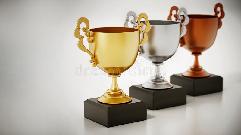 Gold, Silver and Bronze Cups Isolated on White Background. 3D ...