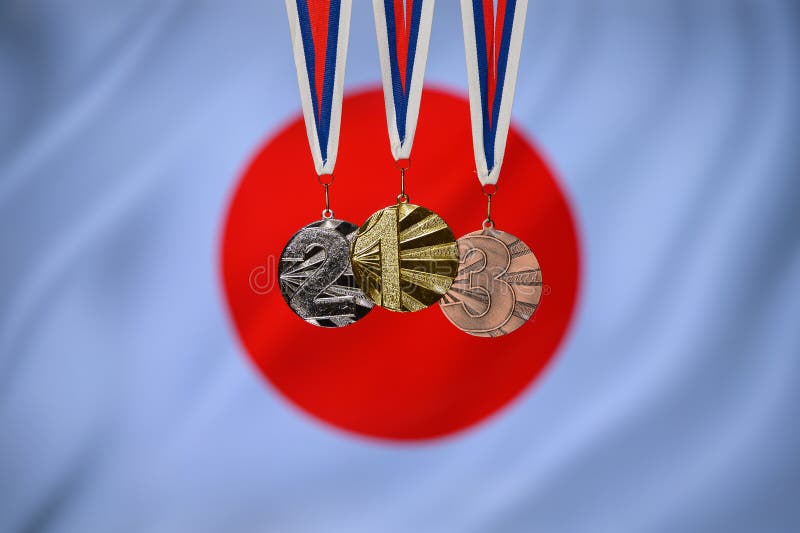 Gold Silver and Bronze Medal for Athlete, Japan Flag in Background ...