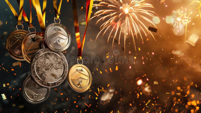 Gold, Silver, and Bronze Medals with Fireworks Background Illustration ...