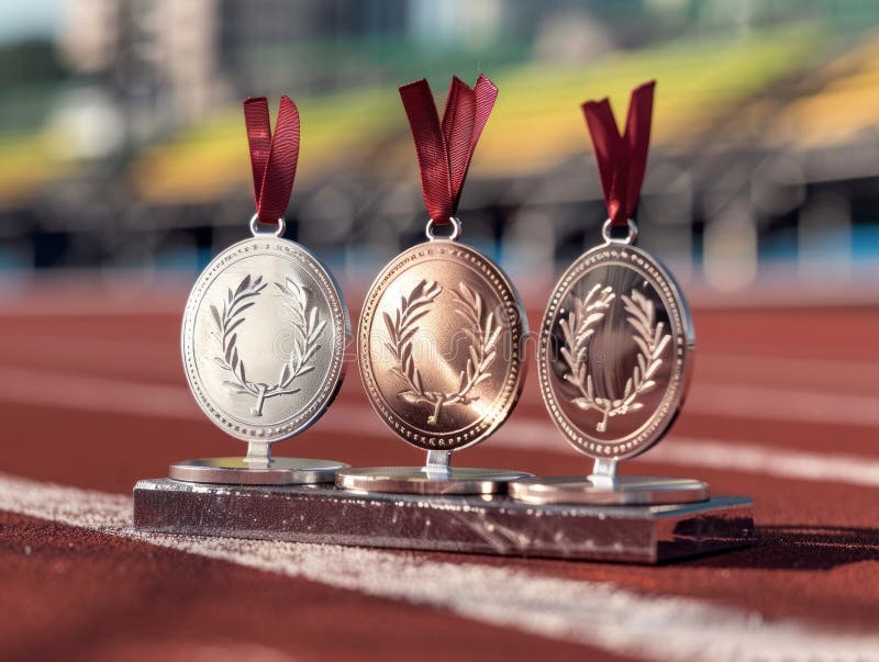 Gold, Silver, and Bronze Medals on a Running Track Stock Image - Image ...