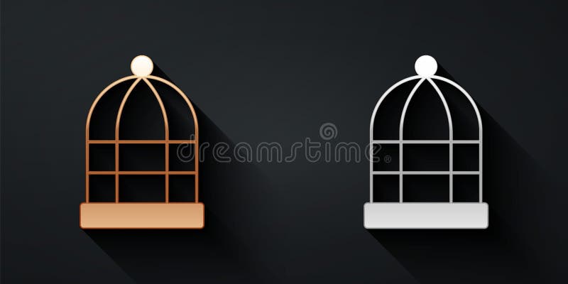 Gold and Silver Cage for Birds Icon Isolated on Black Background. Long ...