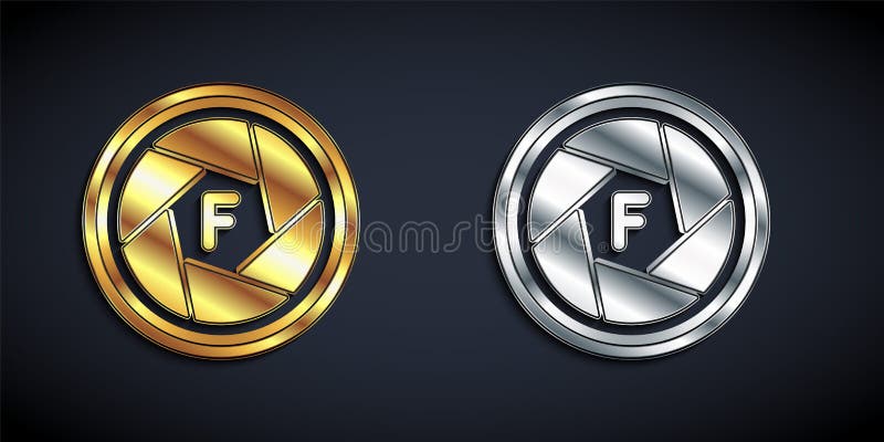 Gold and Silver Camera Shutter Icon Isolated on Black Background. Long ...