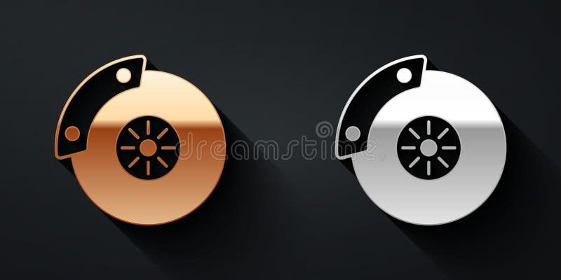 Gold and Silver Car Brake Disk with Caliper Icon Isolated on Black ...