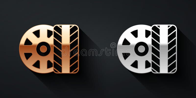 Gold and Silver Car Tire Wheel Icon Isolated on Black Background. Long ...