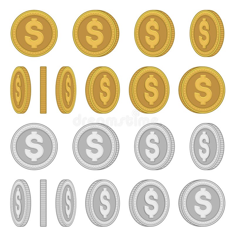 Gold and Silver Coins with Different Rotation Angles Set. Vector Stock ...