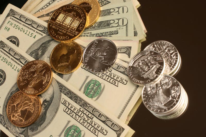 Gold and Silver Coins and Paper Money Stock Image - Image of coinage ... Gold and Silver Coins and Paper Money Stock Image - Image of coinage ...