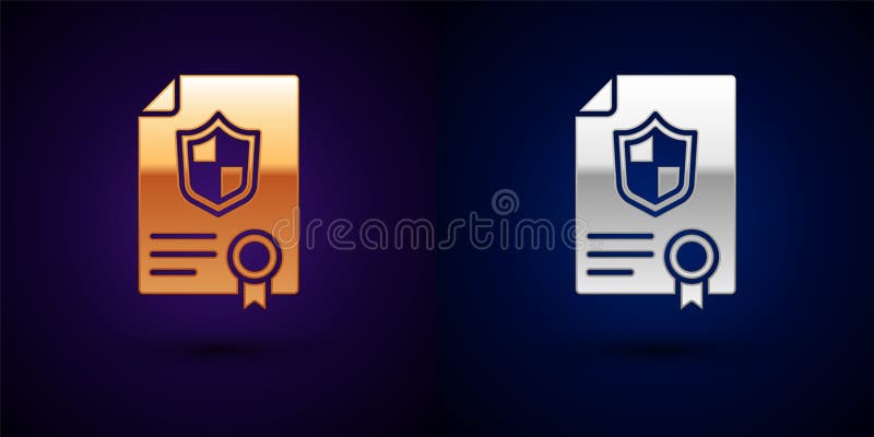 Gold and Silver Contract with Shield Icon Isolated on Black Background ...