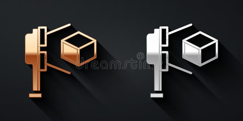 Gold and Silver 3D Scanner with Cube Projection Icon Isolated on Black ...