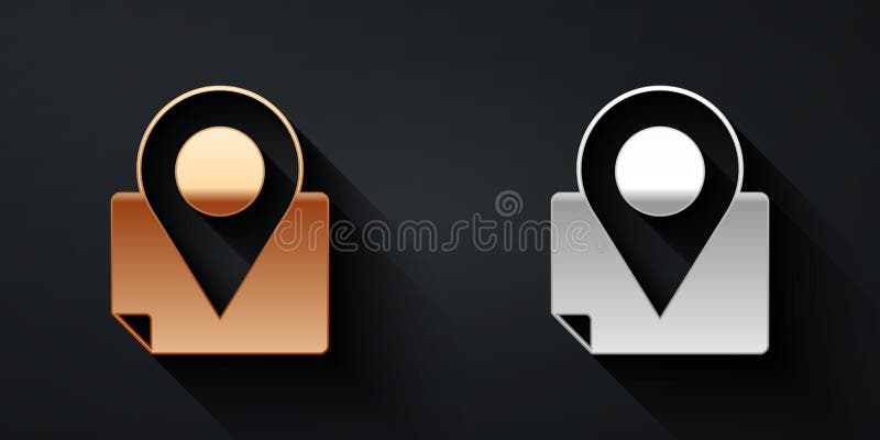 Gold and Silver Folded Map with Location Marker Icon Isolated on Black ...