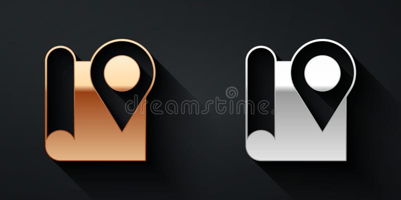 Gold and Silver Folded Map with Location Marker Icon Isolated on Black ...