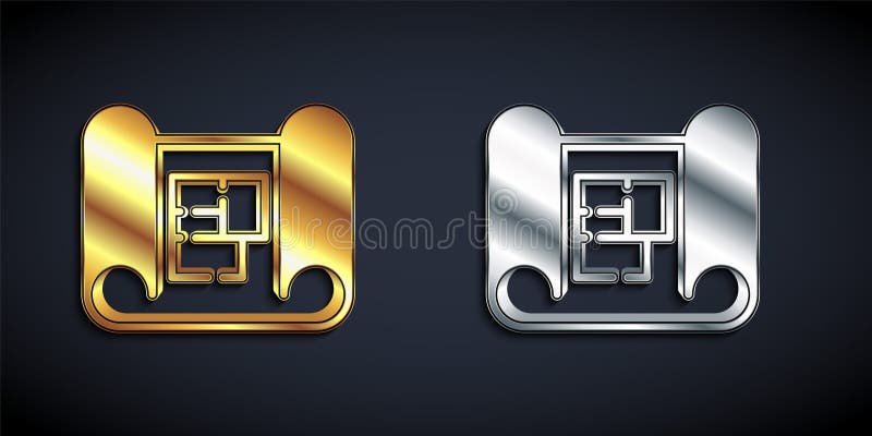 Gold and Silver House Plan Icon Isolated on Black Background. Long ...