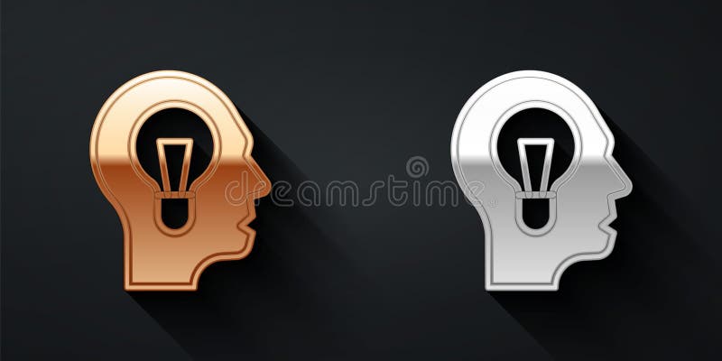 Gold and Silver Human with Lamp Bulb Icon Isolated on Black Background ...