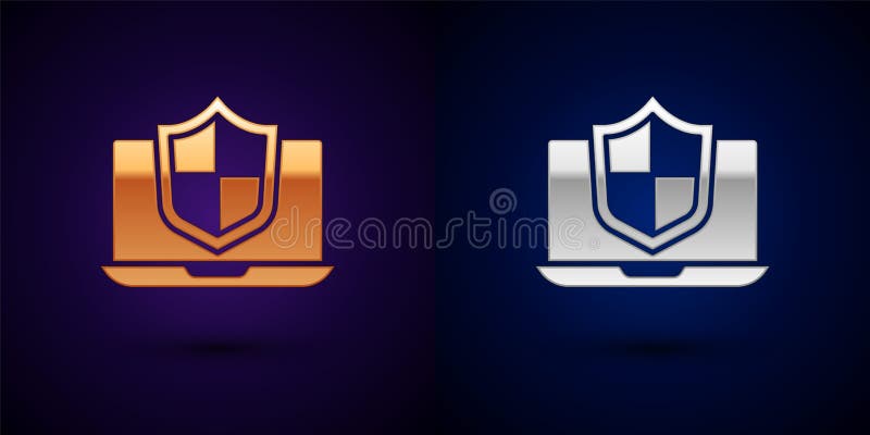 Gold and Silver Laptop Protected with Shield Icon Isolated on Black ...