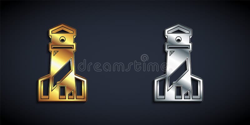 Gold and Silver Lighthouse Icon Isolated on Black Background. Long ...