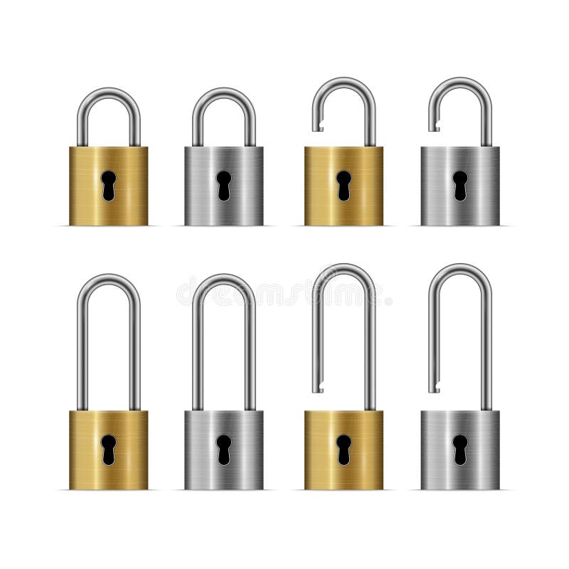 Gold and Silver Locked and Unlocked Padlock Isolated on White ...