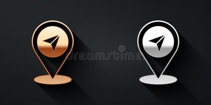 Gold and Silver Map Pin Icon Isolated on Black Background. Navigation ...