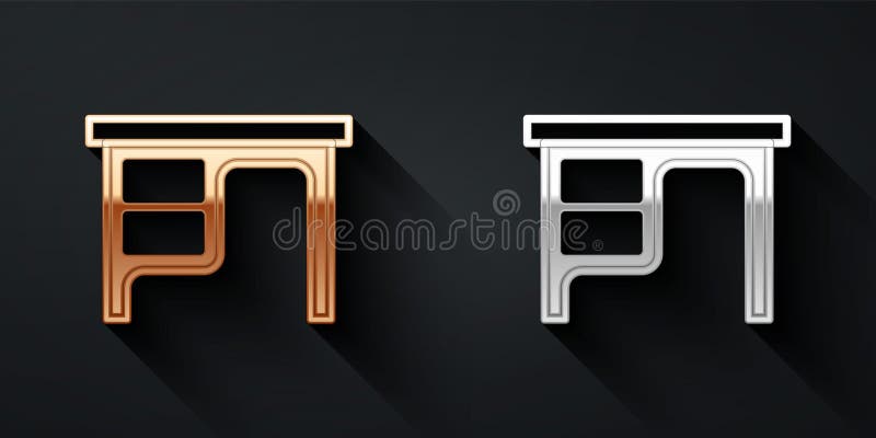 Gold and Silver Office Desk Icon Isolated on Black Background. Long ...