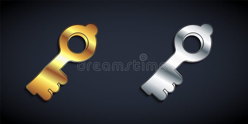 Gold and Silver Old Magic Key Icon Isolated on Black Background. Long ...