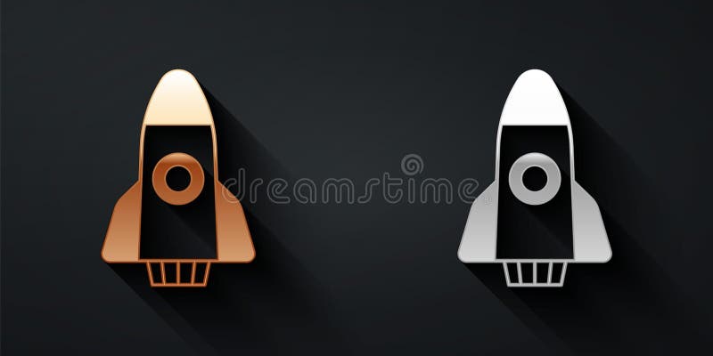 Gold and Silver Rocket Ship Icon Isolated on Black Background. Space ...