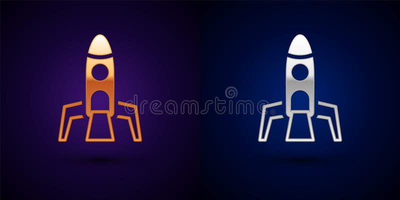 Gold and Silver Rocket Ship Icon Isolated on Black Background. Space ...