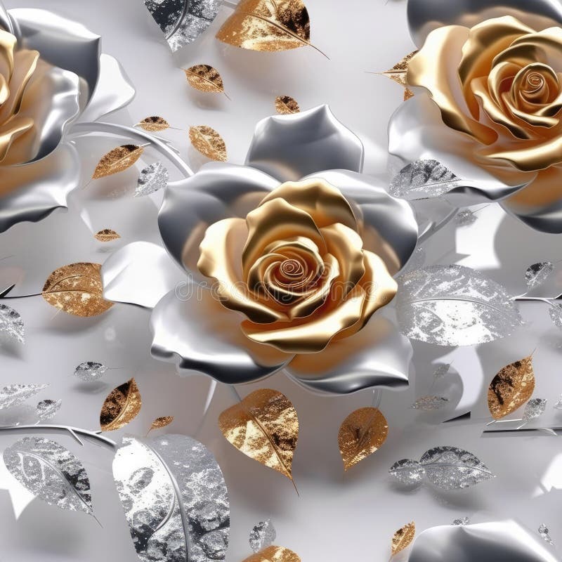 Gold Silver Rose Flowers Glitter White Background Tile Seamless ...