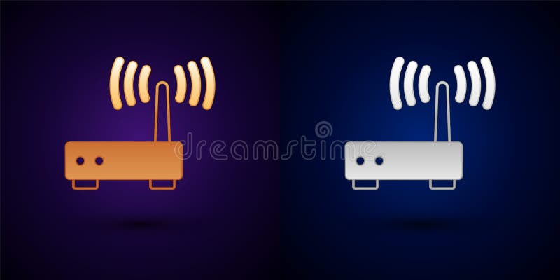 Gold and Silver Router and Wi-fi Signal Icon Isolated on Black ...