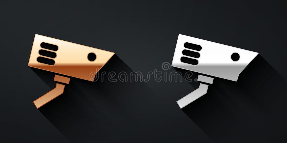 Gold and Silver Security Camera Icon Isolated on Black Background. Long ...