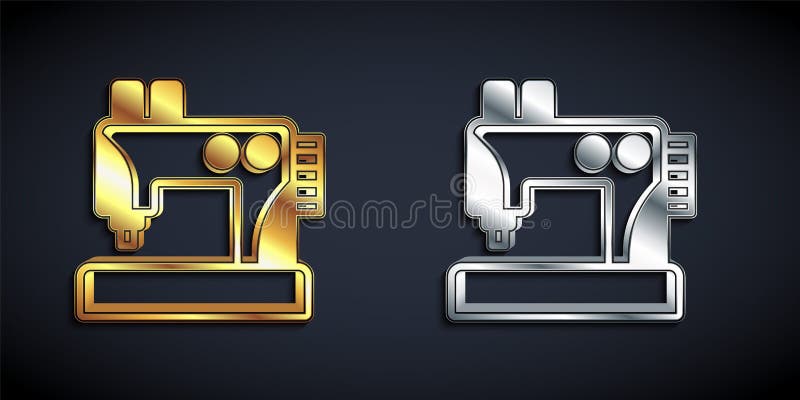 Gold and Silver Sewing Machine Icon Isolated on Black Background. Long ...
