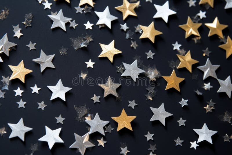 Gold and Silver Stars Scattered on a Black Surface Stock Illustration ...