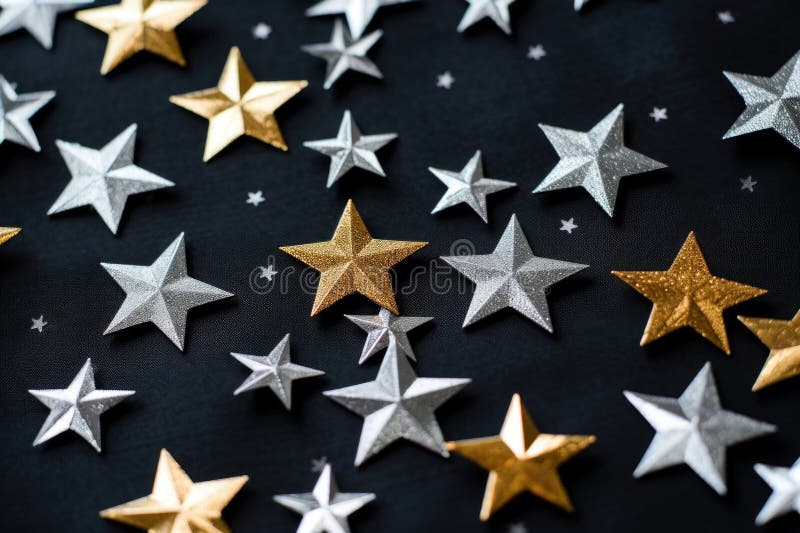 Gold and Silver Stars Scattered on a Black Surface Stock Photo - Image ...