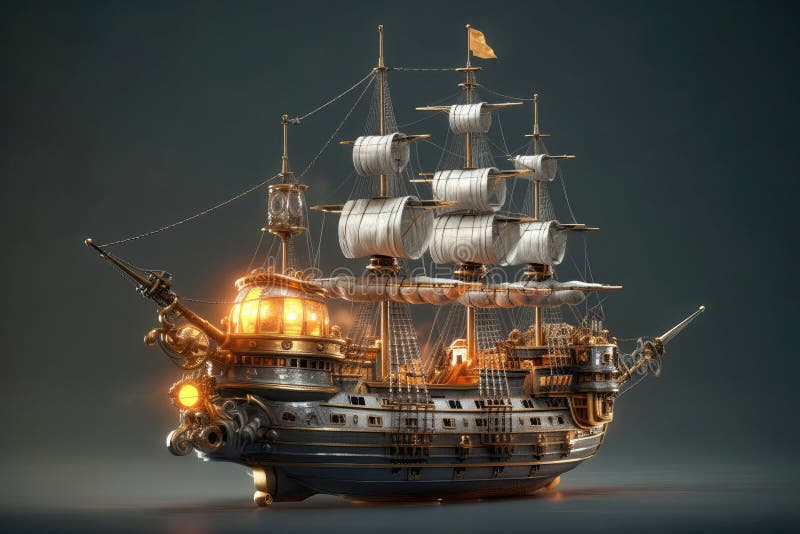 Gold Silver Steampunk Style Ship Smoky Grey. Generative AI Stock ...