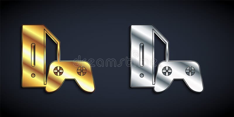 Gold and Silver Video Game Console with Joystick Icon Isolated on Black ...