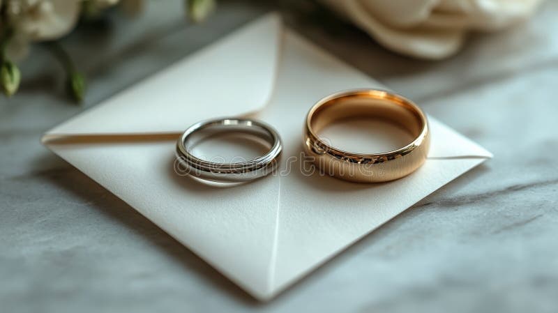 Gold and Silver Wedding Rings on an Elegant Envelope Stock Image ...