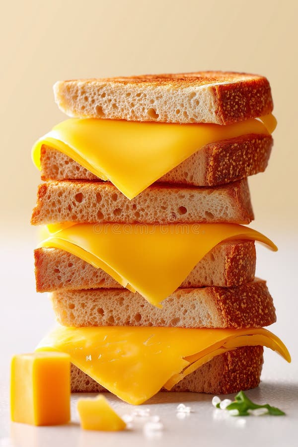 Gold Slices of Cheese Peel Slightly from Stack of Toasted Bread on ...