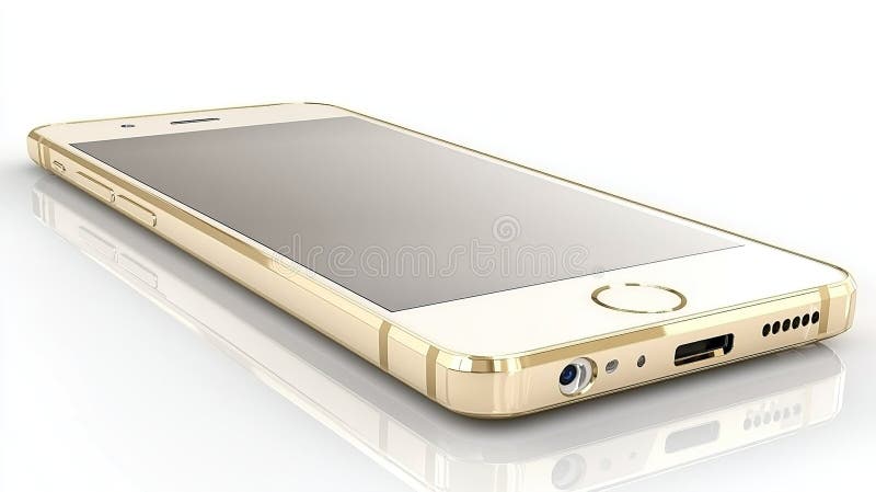 Gold Smartphone Angled View, White Background, Reflection, Mockup Stock ...