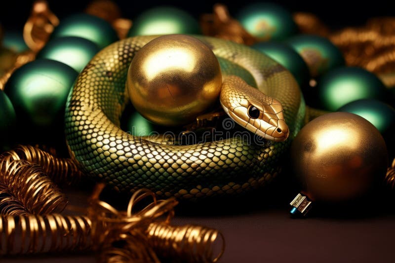 Gold Snake with Gold and Green Christmas Balls. Generated AI Stock ...