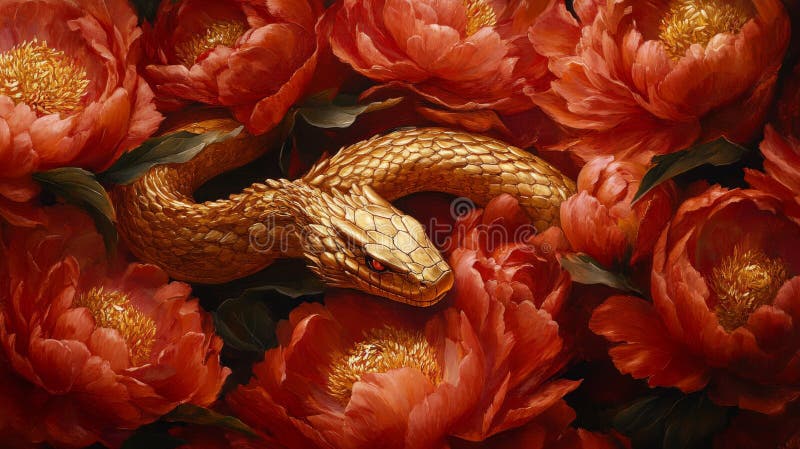 Gold Snake among Red Peonies Stock Illustration - Illustration of ...