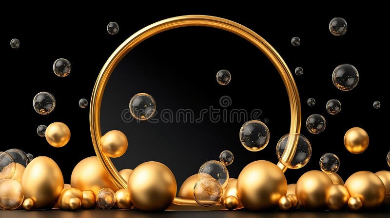 Gold Spheres, Glass Bubbles, Circle Frame, Black Background, Product ...