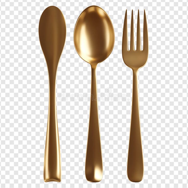Gold Spoon and Fork 3D Render on Transparent Background Stock Image ...