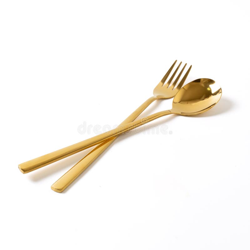 Gold Spoon and Fork Isolate on White Stock Photo - Image of metal, tool ...