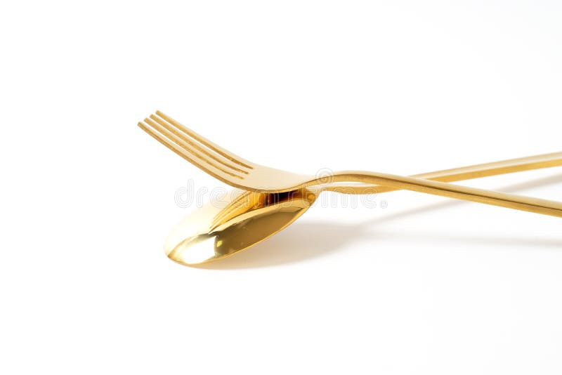 Gold Spoon and Fork Isolate on White Stock Image - Image of shiny ...