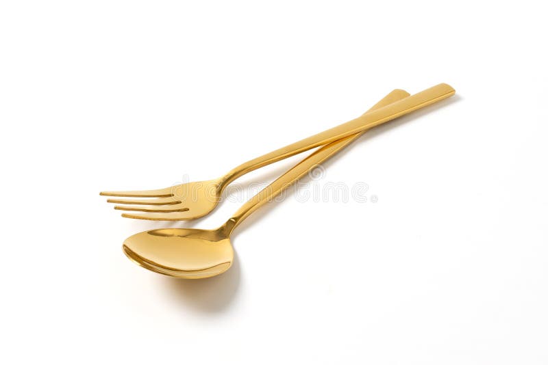 Gold Spoon and Fork Isolate on White Stock Image - Image of isolated ...