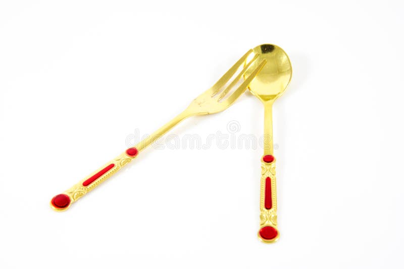 Gold Spoon and Fork Isolated on White Stock Photo - Image of breakfast ...
