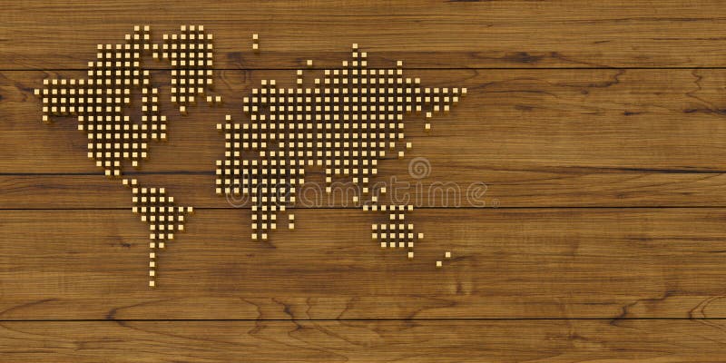 Gold Square World Map on Wood Board 3D Illustration. Stock Illustration ...
