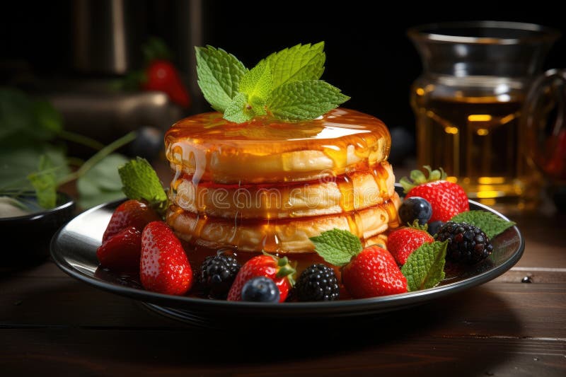 Gold Stacking of Pancakes with Syrup and Fresh Fruits., Generative IA ...