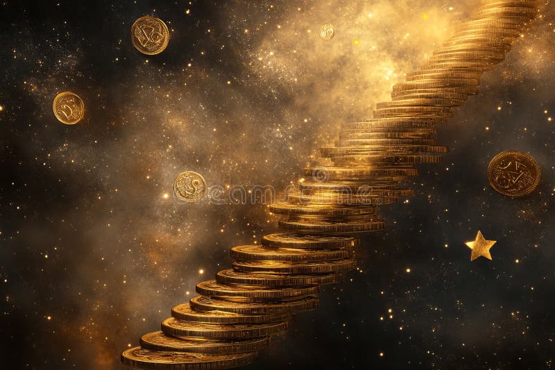 A Gold Staircase is Shown in the Sky with Stars and Coins Stock ...