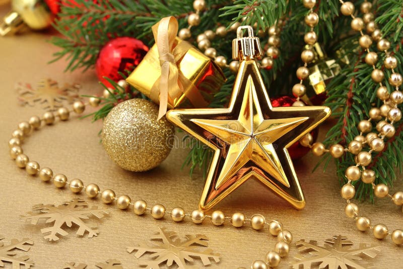 Gold Star and Christmas Decorations Stock Image - Image of gold ...